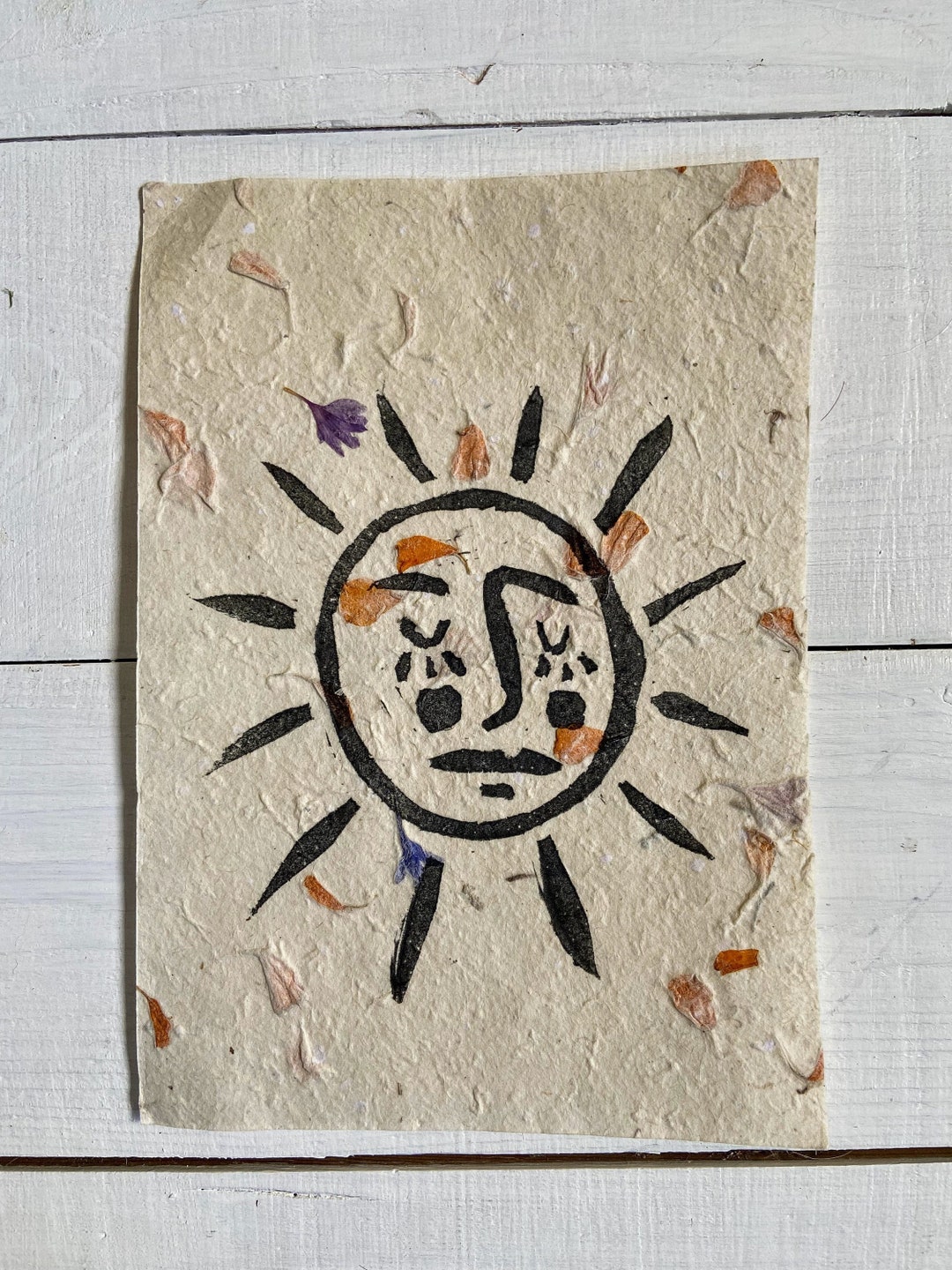 Hand Stamped Sun Face Lino Stamp Print on Handmade Botanical Paper ...