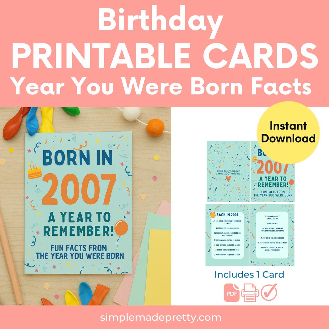 Born in 2007 Birthday Card Printable – Turning 18 in 2025 | Fun Facts ...