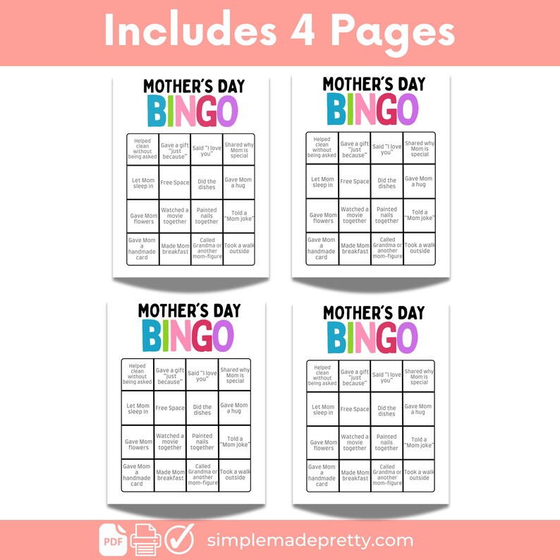Mother’s Day Bingo Printable – 4 Fun Bingo Cards – Kids Mother’s Day ...