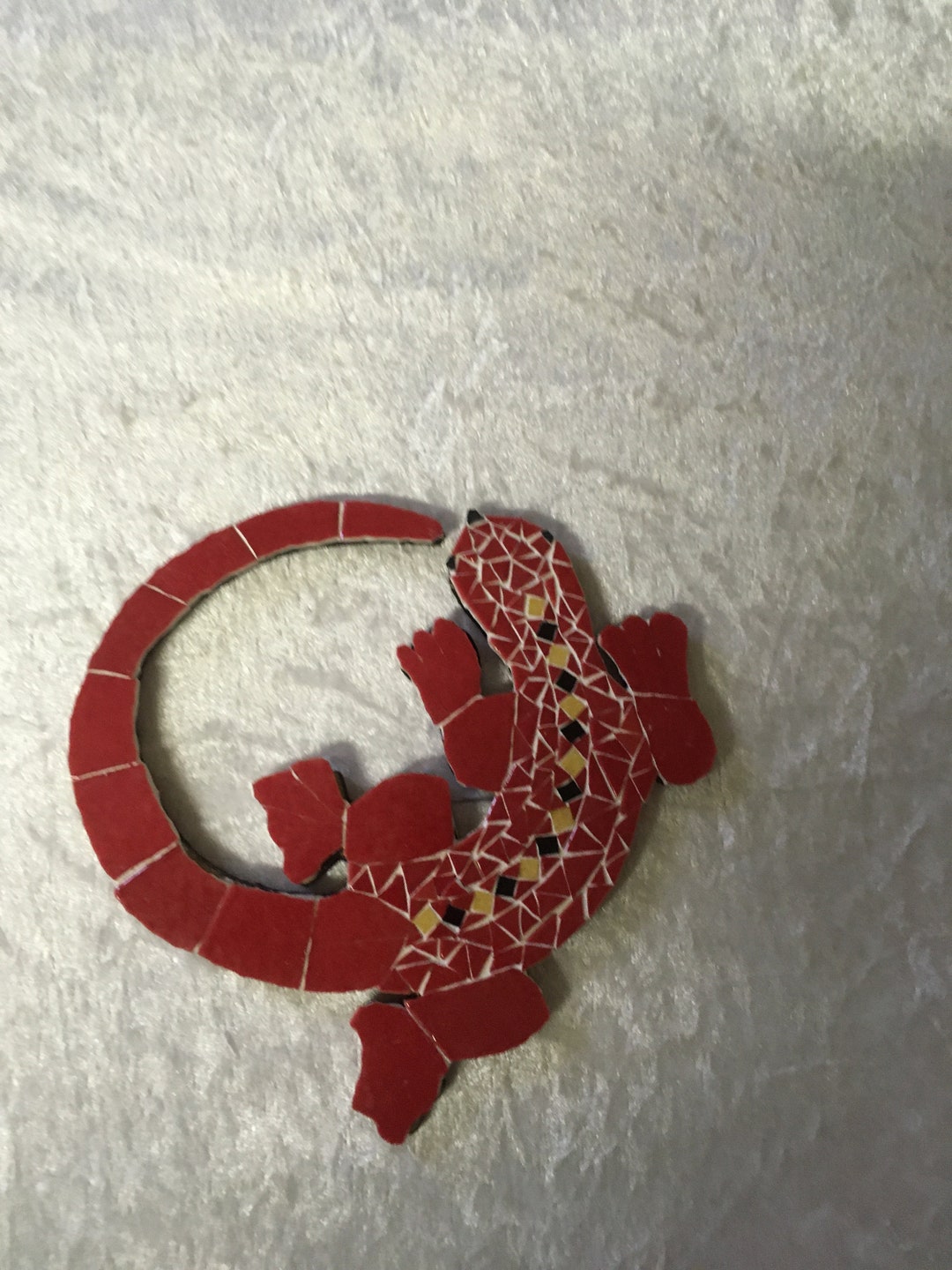 Mosaic Red Lizard in Round Shape. Wooden Support. Attachment Hook on ...