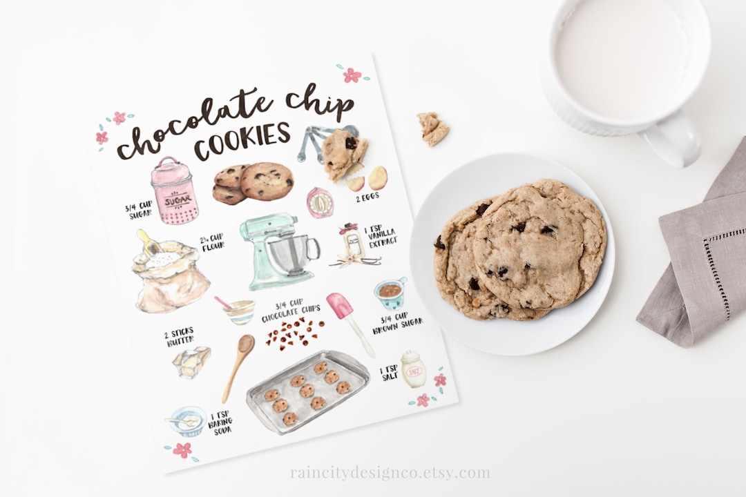 Chocolate Chip Cookie Print, Illustrated Recipe, Recipe Print, Cookie ...