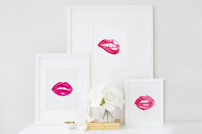 Lips Print, Set of 3 Prints, Fashion Art, Pink Lipstick Print, Makeup ...