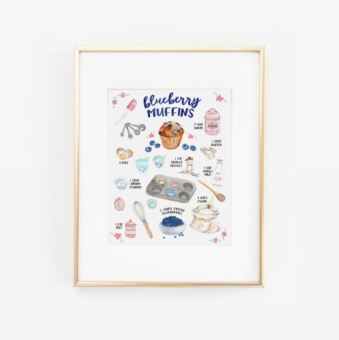 Blueberry Muffin Print, Illustrated Recipe, Recipe Print, Blueberry ...