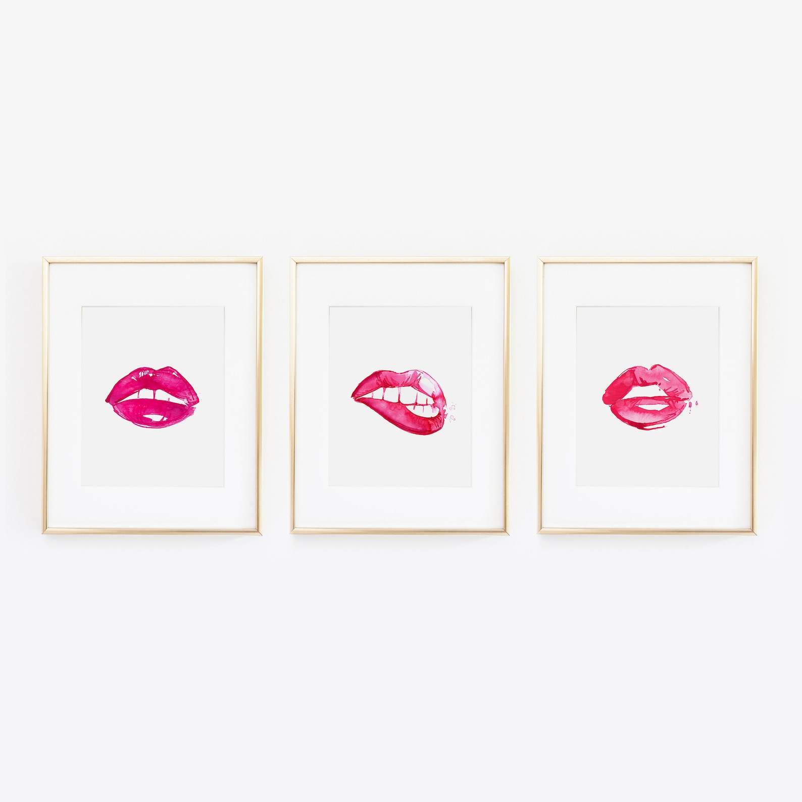 Lips Print, Set of 3 Prints, Fashion Art, Pink Lipstick Print, Makeup ...