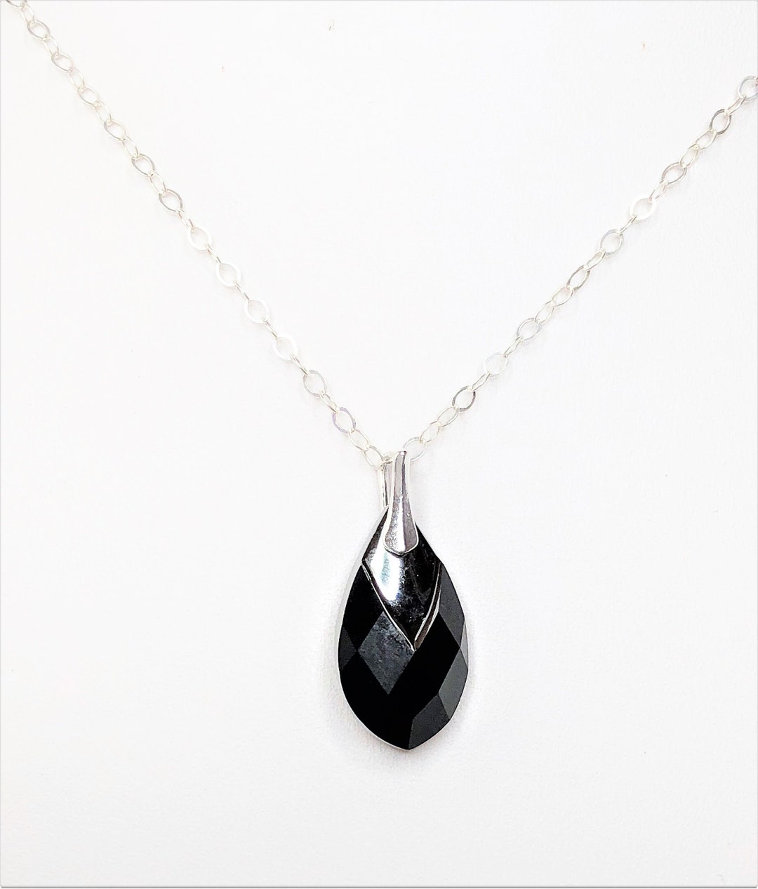 Jet Black Crystal Pendant, Crystal Necklace, Ebony Teardrop Pendant ...
