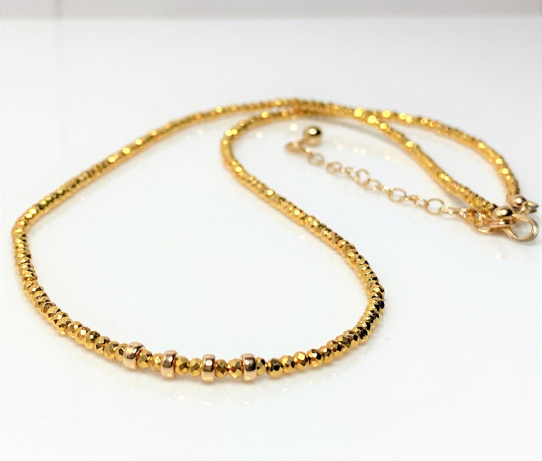 Gold Pyrite Necklace, Gold Filled Necklace, Delicate Beaded Jewelry ...