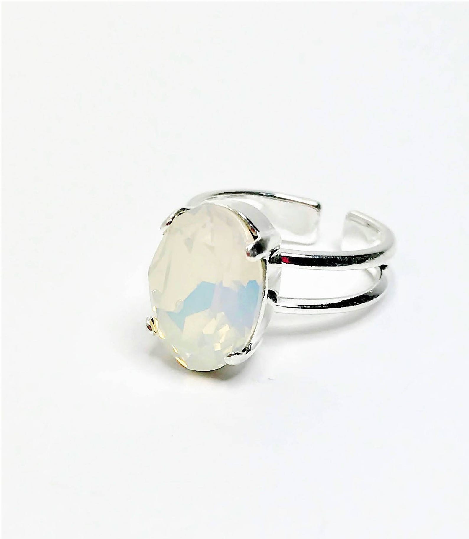 White Opal Crystal Adjustable Ring Oval Glass Ring Opal - Etsy UK