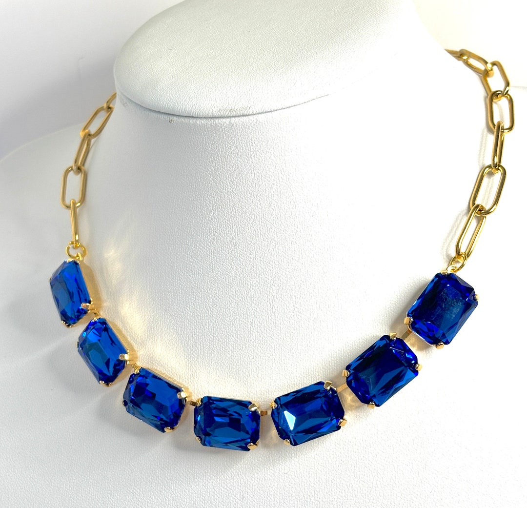 Blue Sapphire Crystal Chain Necklace, Gold Plated Stainless Steel ...