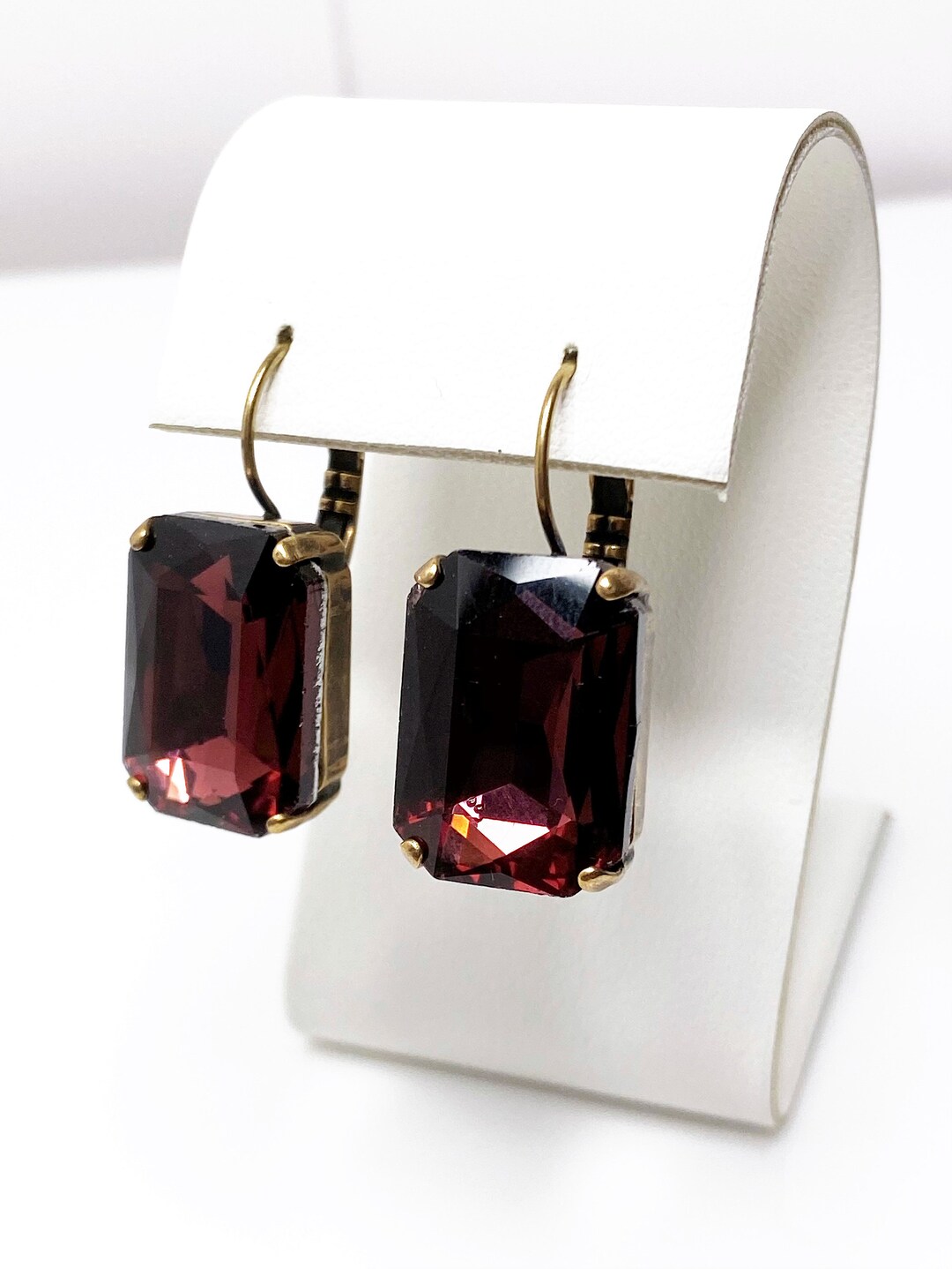 Wine Red Crystal Earrings, Burgundy Octagon Dangles, Rhinestone Drops ...