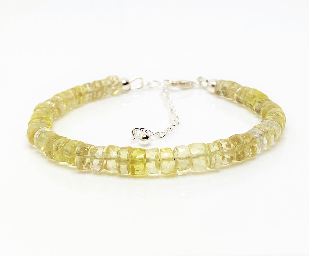Lemon Quartz Bracelet, Sterling Silver, Natural Stone, Yellow Beaded ...