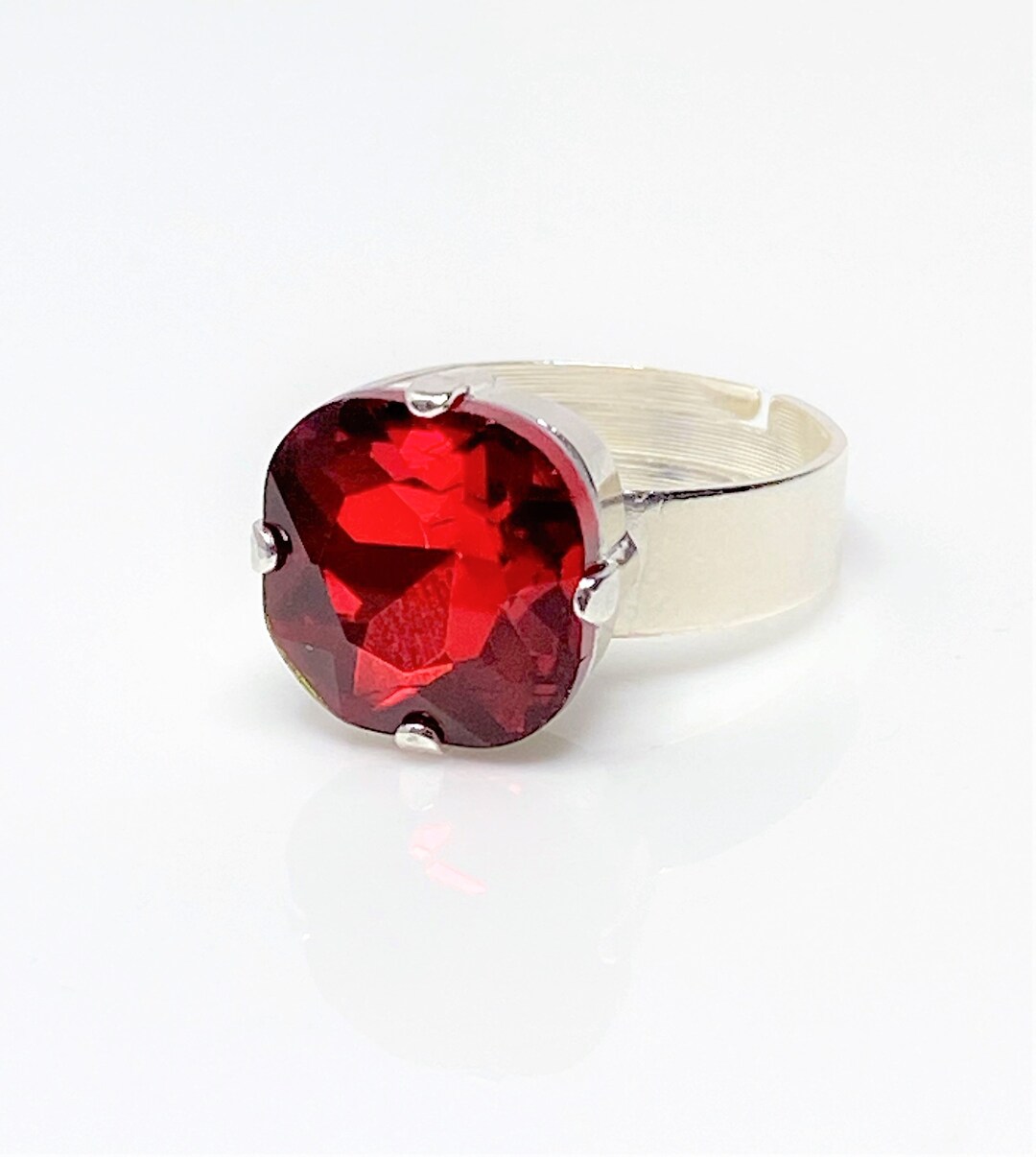 Red Crystal Ring, Square 12mm Stone Ring, Silver Plated, Siam Red Ring ...