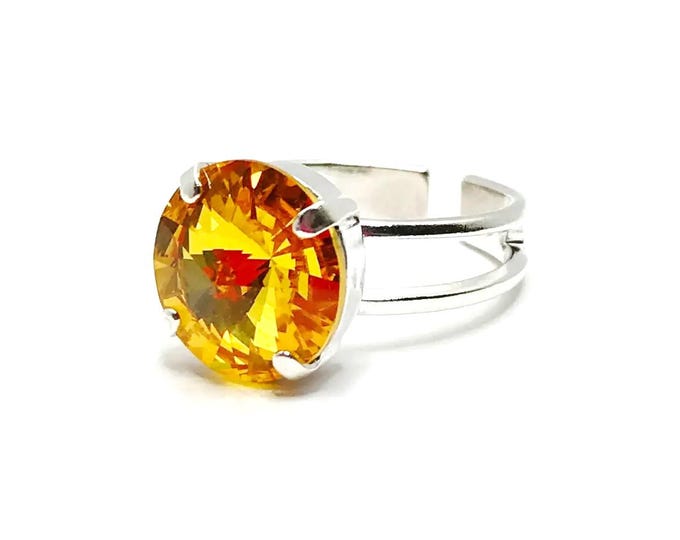 Sunflower Swarovski Crystal Statement Ring, 12mm Cushion Cut Bright ...
