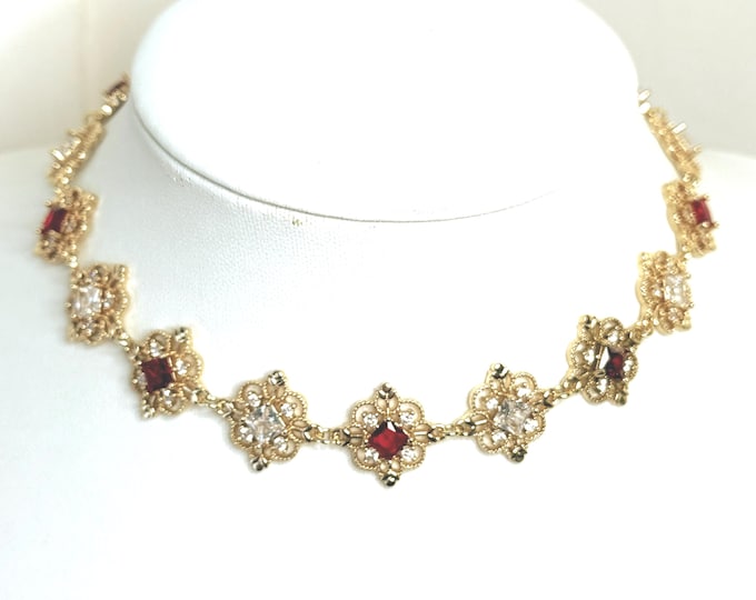 Ruby Red Tennis Choker Necklace, Dainty Gold Fairycore Fantasy Choker ...