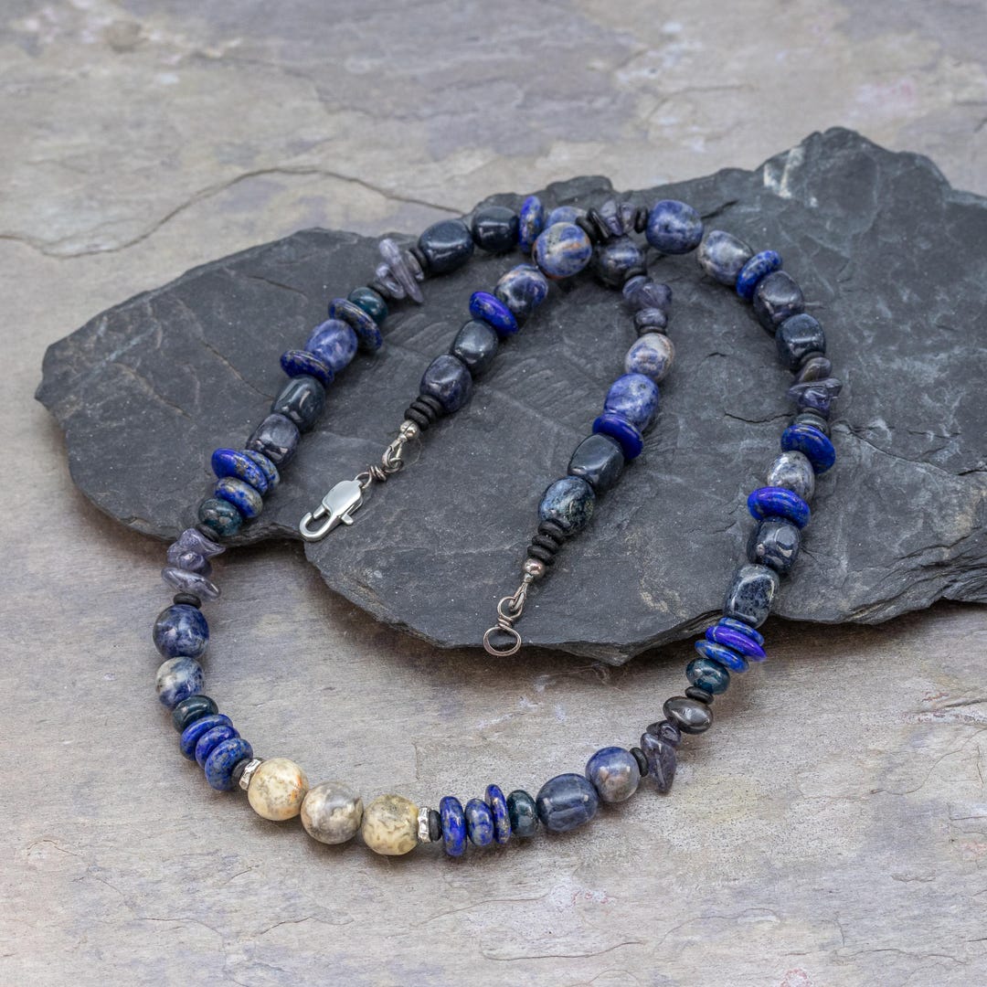 Natural Blue Stone Bead Necklace for Men, Sodalite Men's Surfer Beads ...