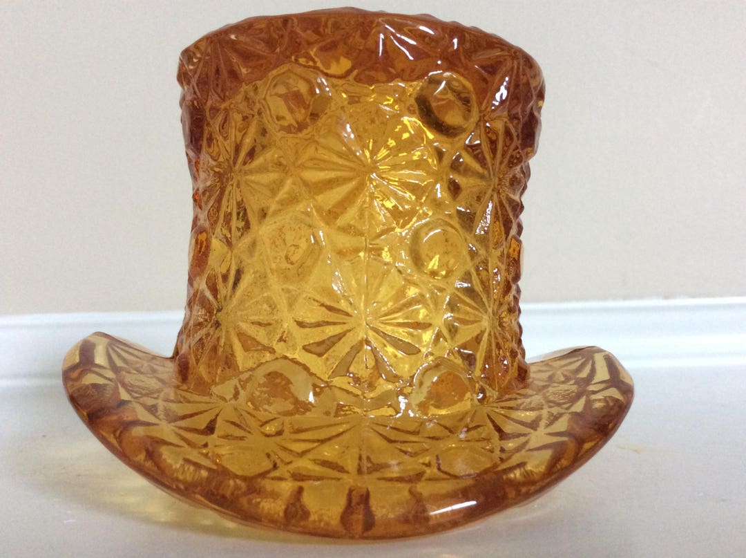 Fenton Style Amber Colored Glass Top Hat With Daisies and Inverted ...