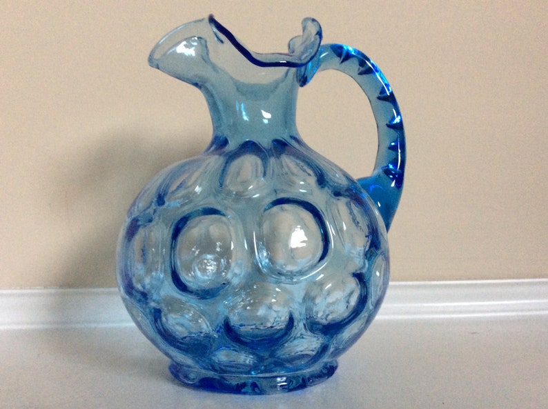 A Small Fenton Blue Glass Coin Dot Pitcher With a Ruffled Top. - Etsy