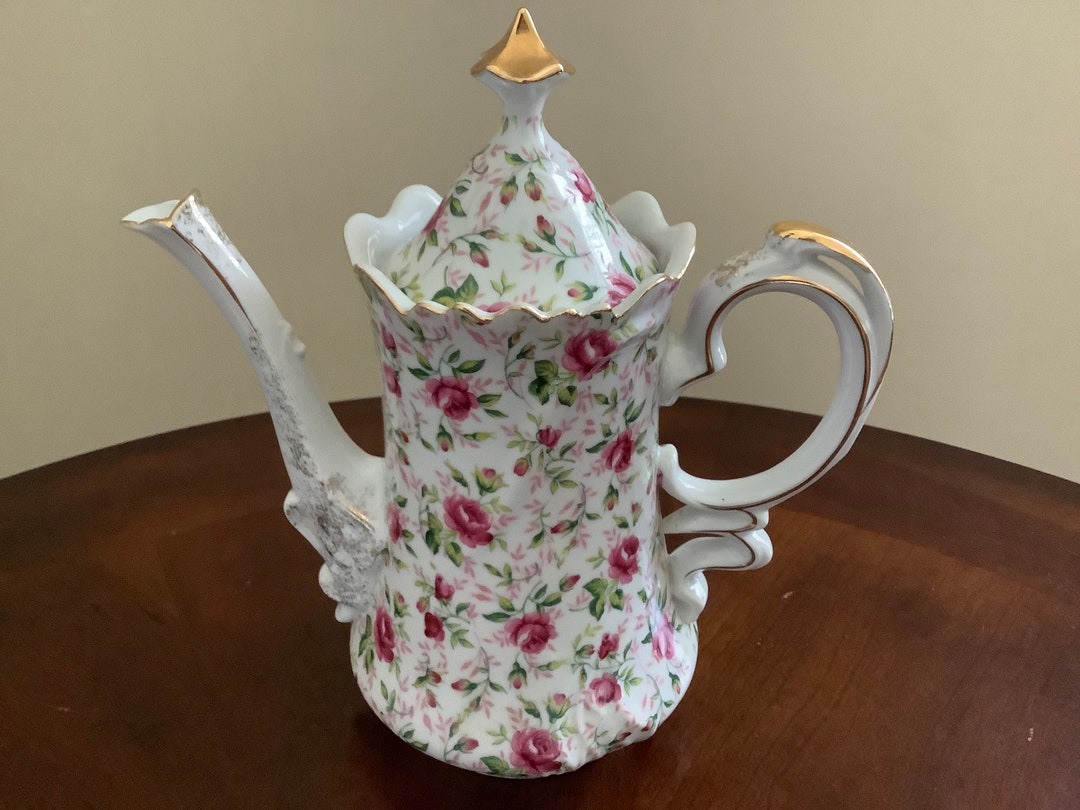 Lefton China Pinkrose Chintz Hand Painted Tea Pot With Gold Trim 660R ...