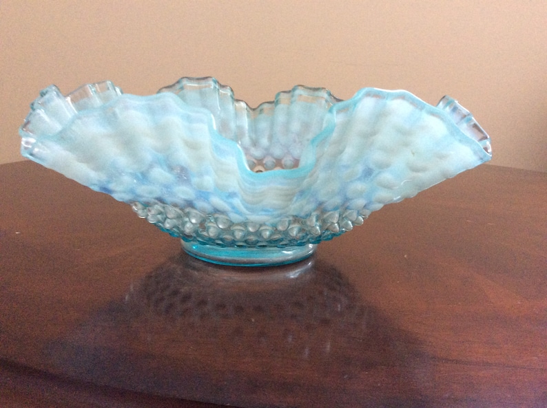 A Lovely Fenton blue hobnail opalescent ruffled edge bowl. | Etsy