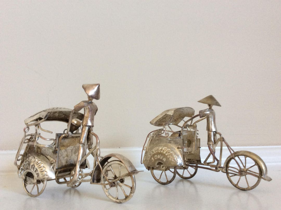 Two Antique Silver Miniature Rickshaw Propelling Bicycle Carts Jokia ...