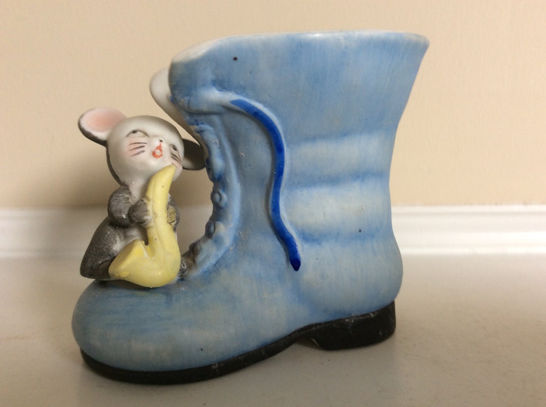 A Mouse Sitting on A Blue Boot Ceramic Planter Holding a Saxophone Cute ...