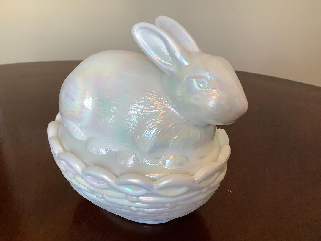 A Milk White Carnival Glass and Iridescent Rabbit on a Basket Covered ...