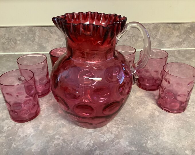 Fenton Cranberry Victorian Optical Coin Dot Set With the Pitcher and ...