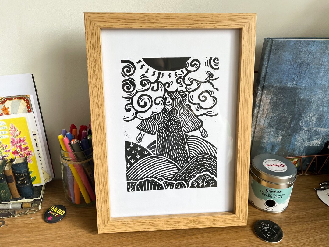 Head in the Clouds Lino Cut Block Print, Original Black and White ...