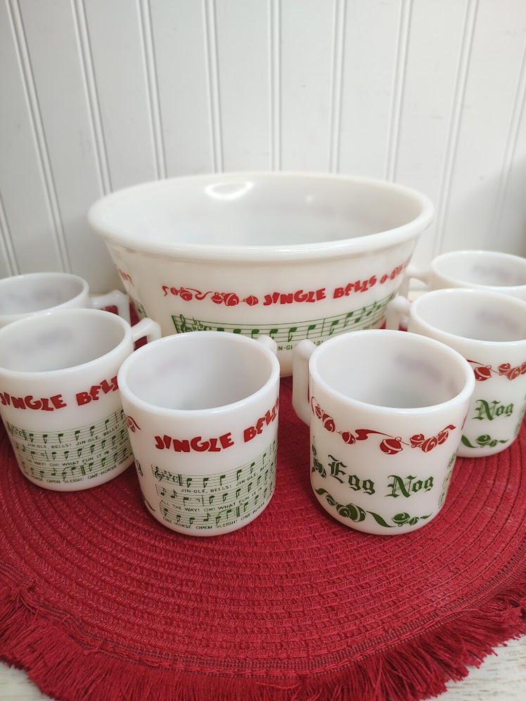 Hazel Atlas 1950s Milk Glass Jingle Bells Egg Nog Punch Bowl Set - Etsy
