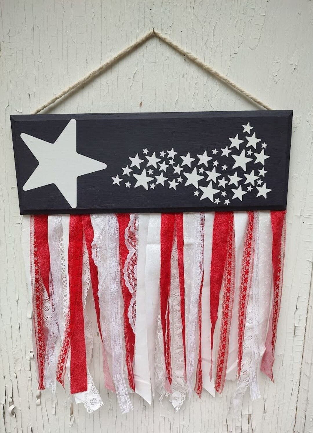 Americana Rag Flag Wall Hanging Porch Decor Door Hanger American USA ...