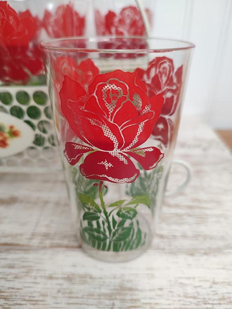 Vintage Anchor Hocking Swanky Swig Red Rose Drinking Glasses With Metal ...