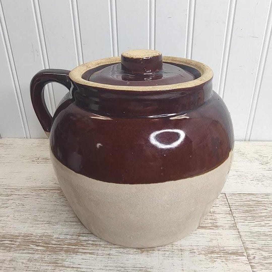 Stoneware Bean Crock Blue Crown #2 Brown Tan One Handle Boston Bean Pot ...