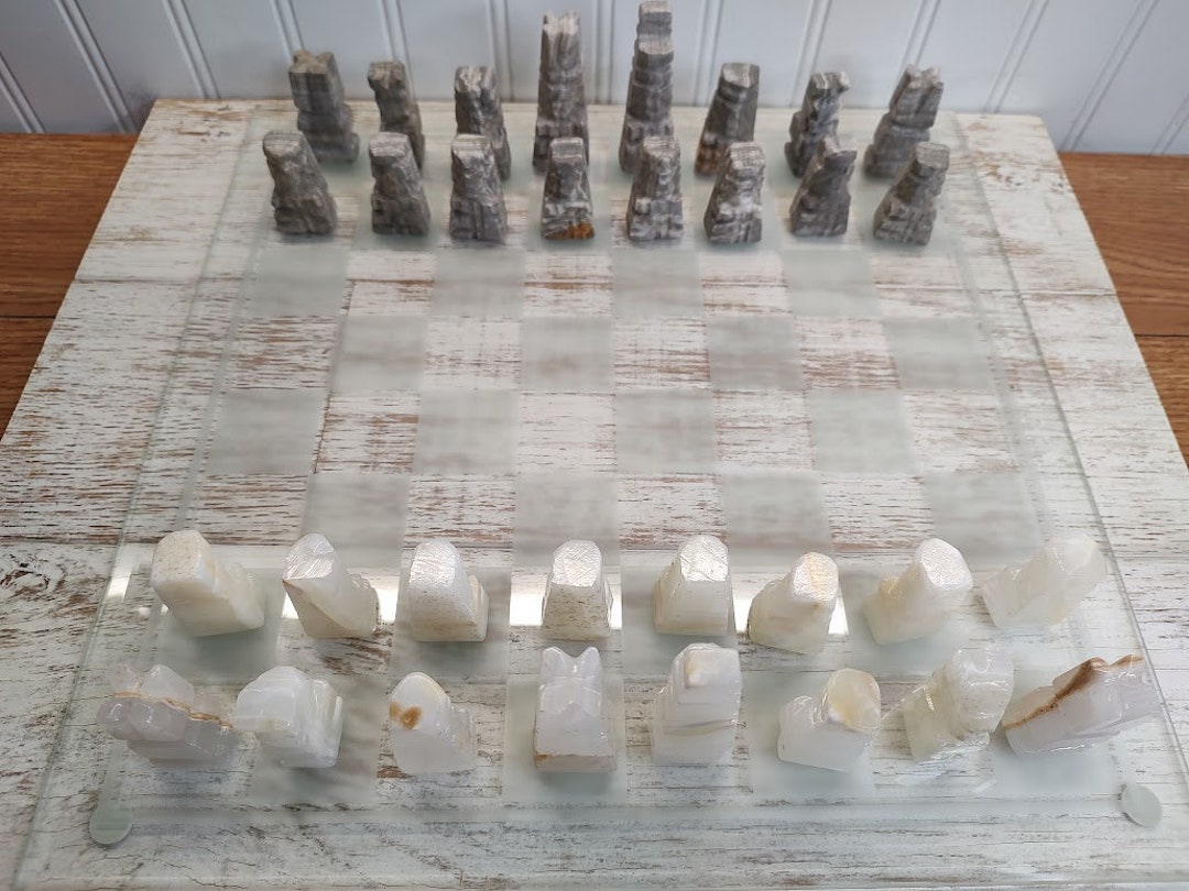 Stone Aztec Artisan Carved FULL CHESS SET With 14 Glass Board - Etsy