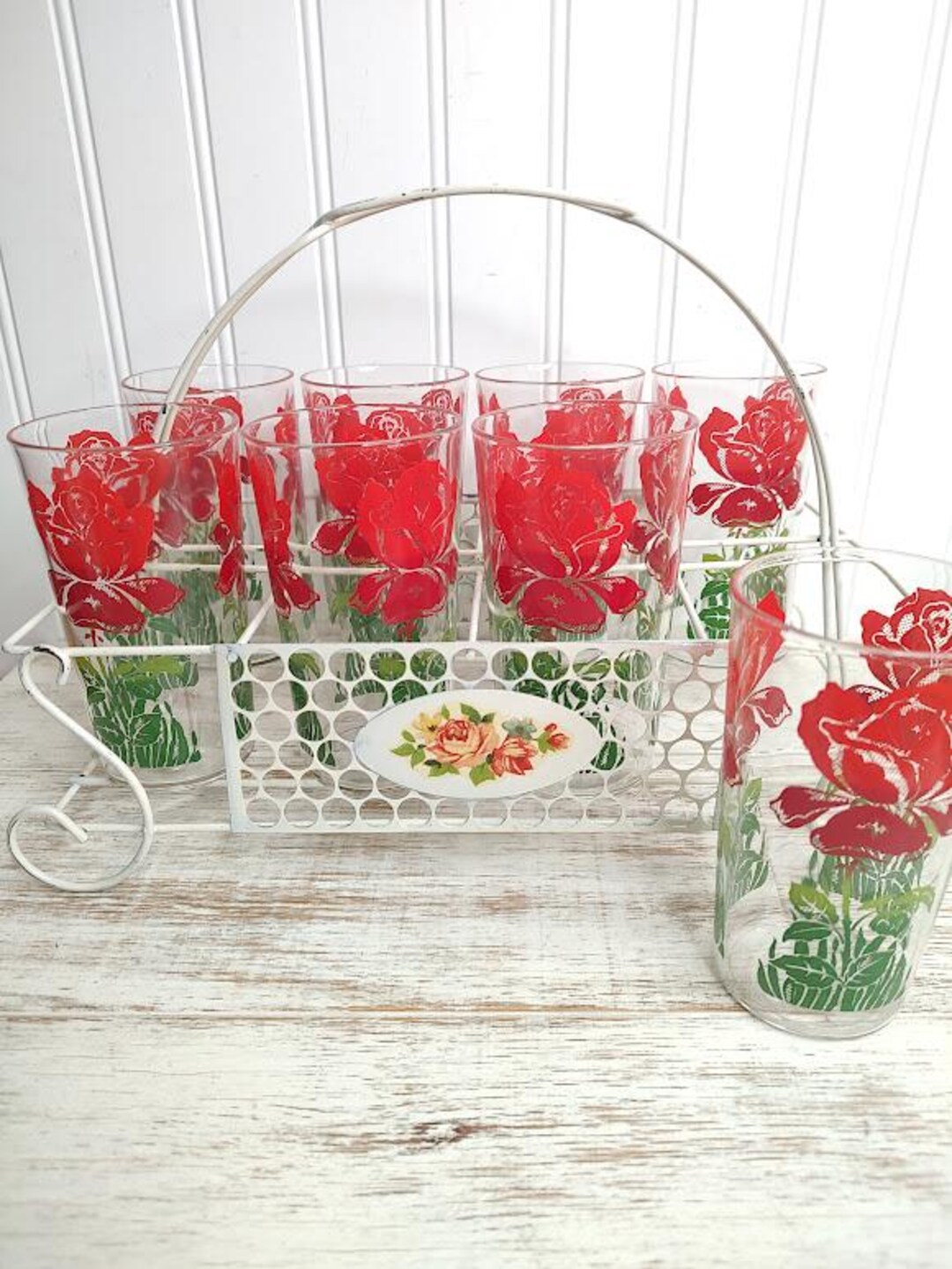 Vintage Anchor Hocking Swanky Swig Red Rose Drinking Glasses With Metal ...