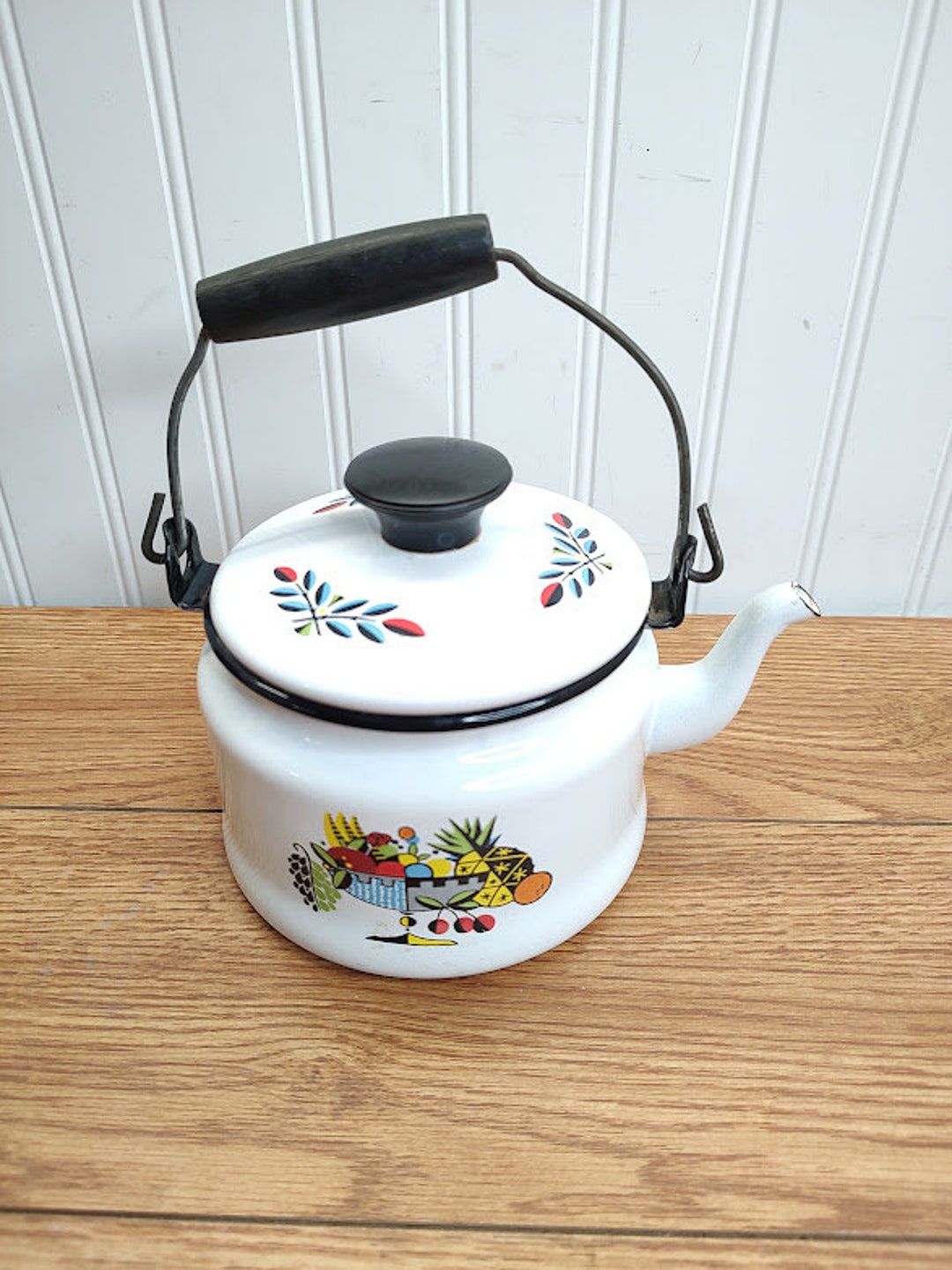 White Enamelware Tea Pot, Piece of Art Mid-century Metal Tea Pot With ...