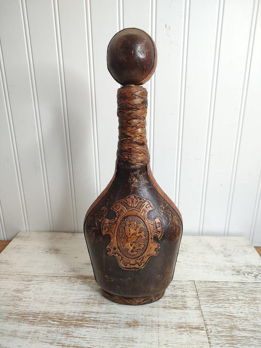 Vintage Leather Wrapped Bottle Wine Liquor Decanter Empty Made in Italy ...