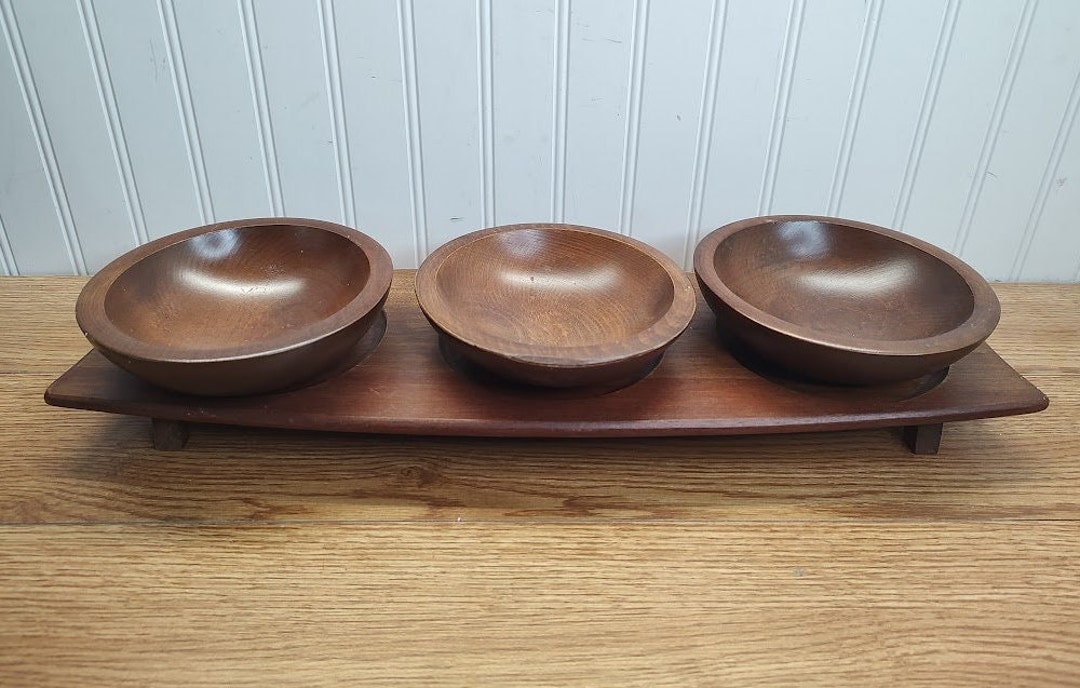 Woodcroftery Wooden Salad Bowl Tray & Set of Three Individual Bowls ...