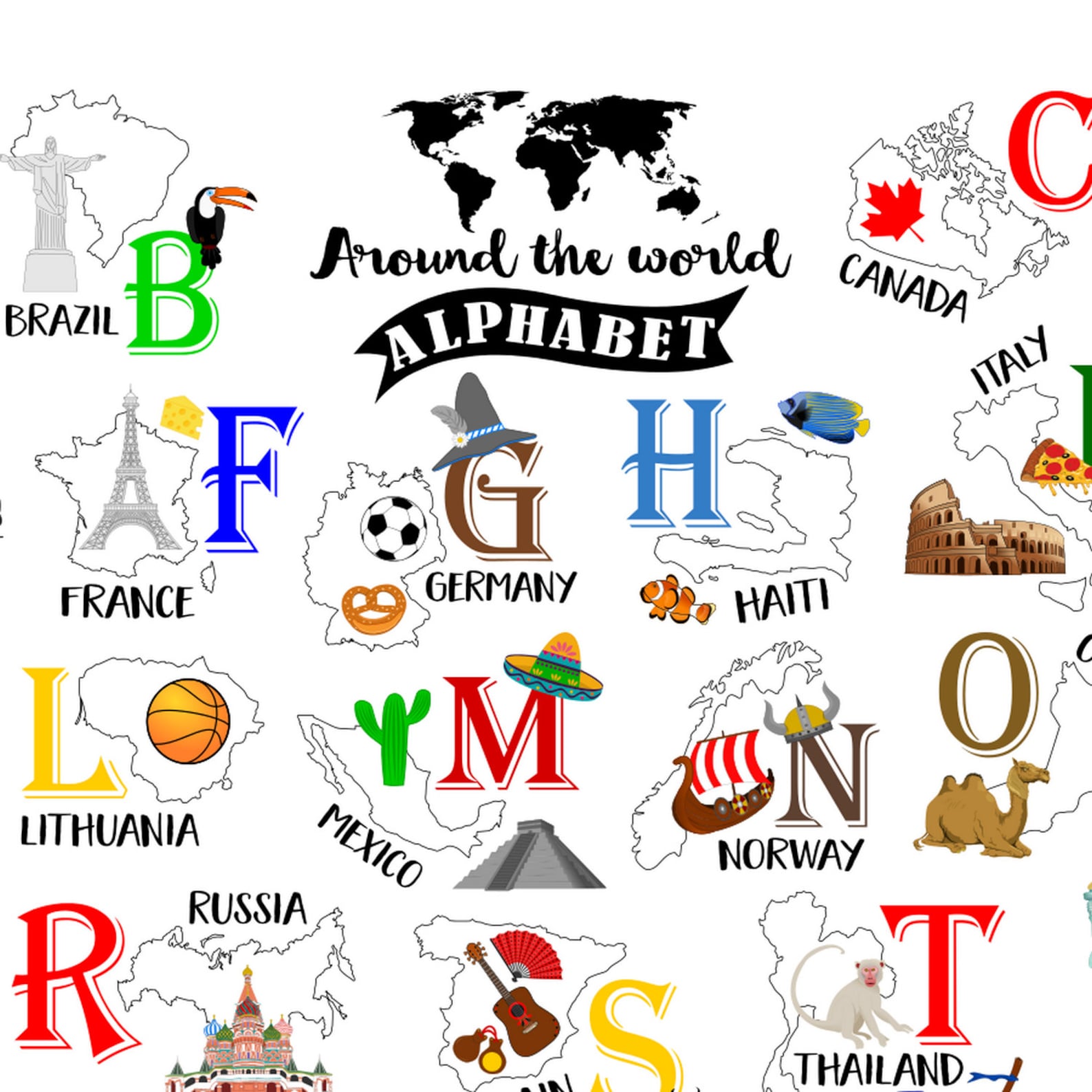 World Alphabet Poster-printable Alphabet-around the World - Etsy