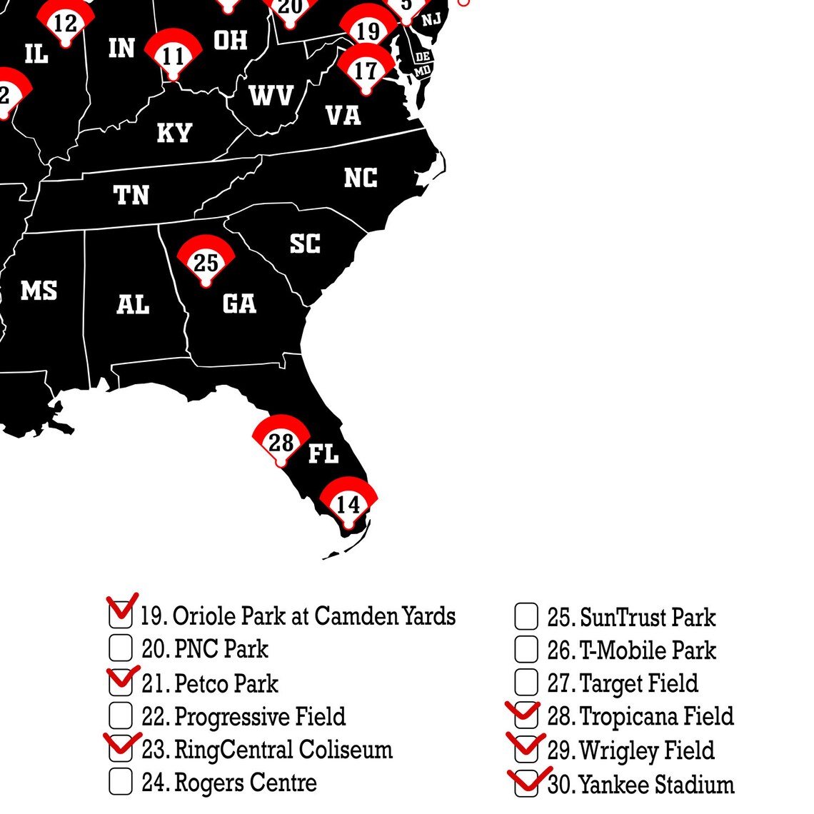 PRINTABLE MLB Ballparks Map and Checklist-baseball Stadiums - Etsy