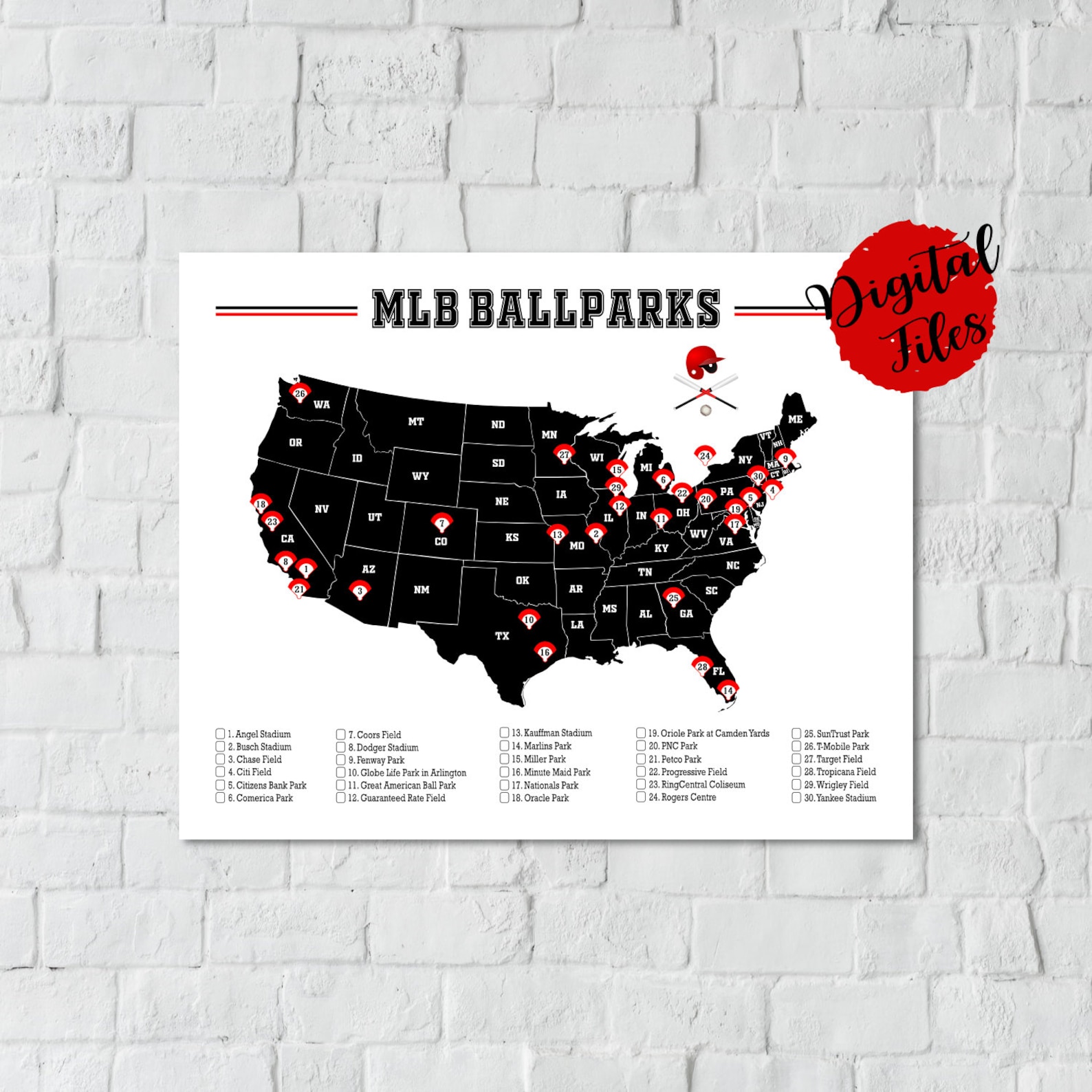 PRINTABLE MLB Ballparks Map and Checklist-baseball Stadiums Map-major ...