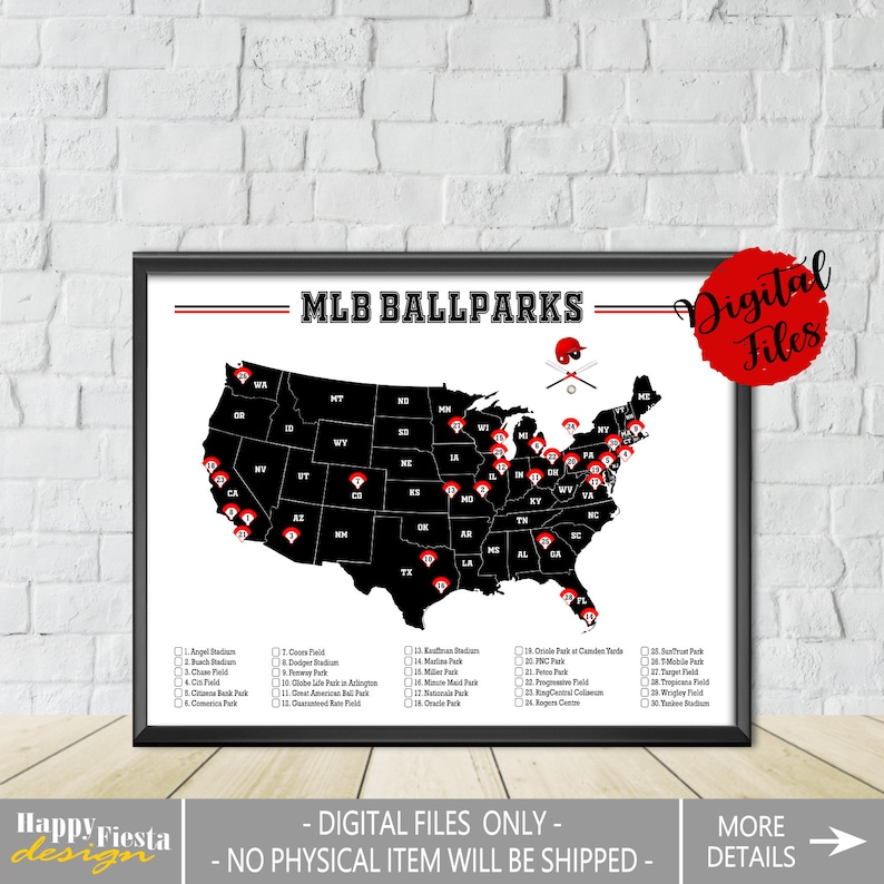 PRINTABLE MLB Ballparks Map and Checklist-baseball Stadiums Map-major ...