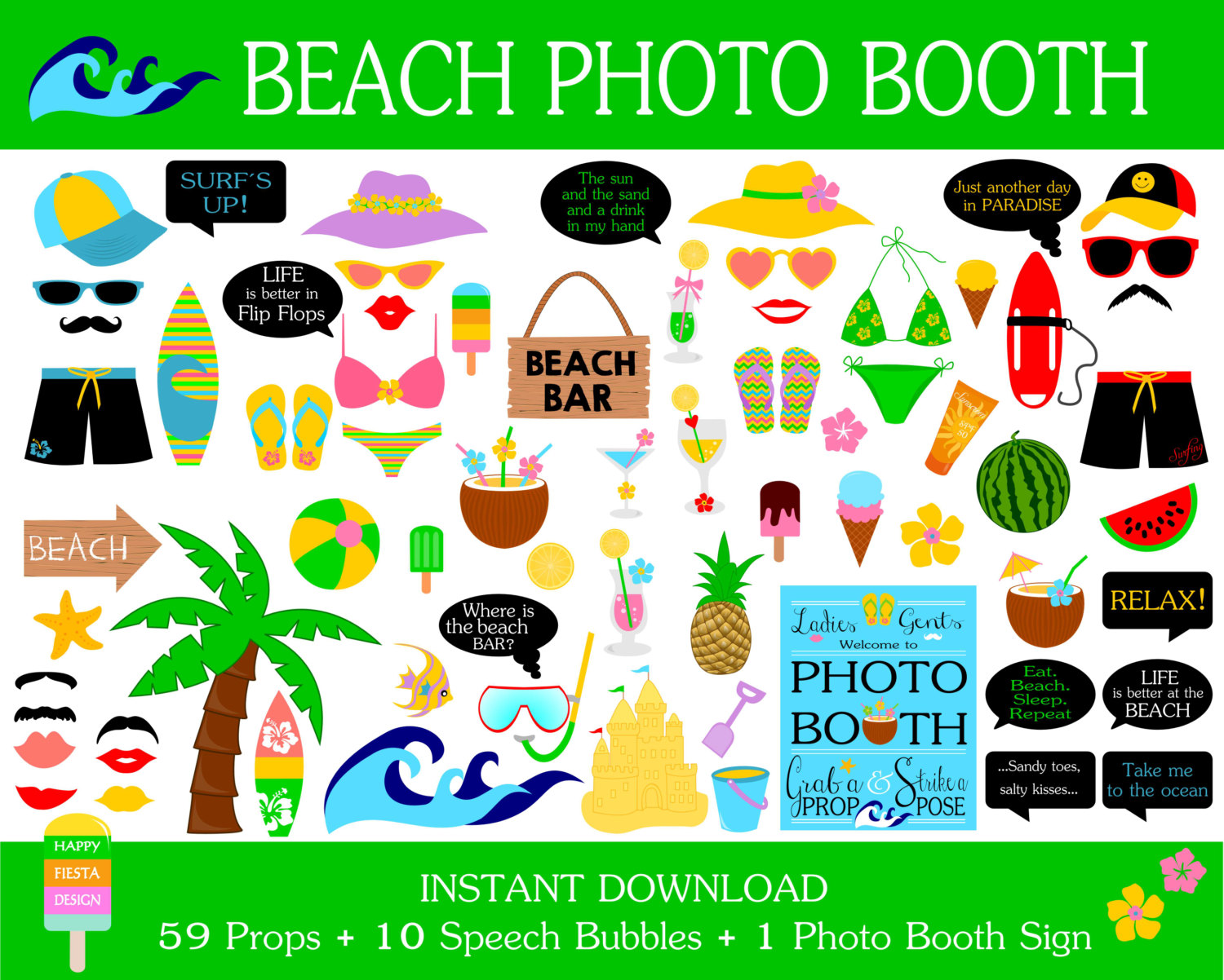 PRINTABLE Beach Photo Booth Props-printable Surfing Props-beach Party ...