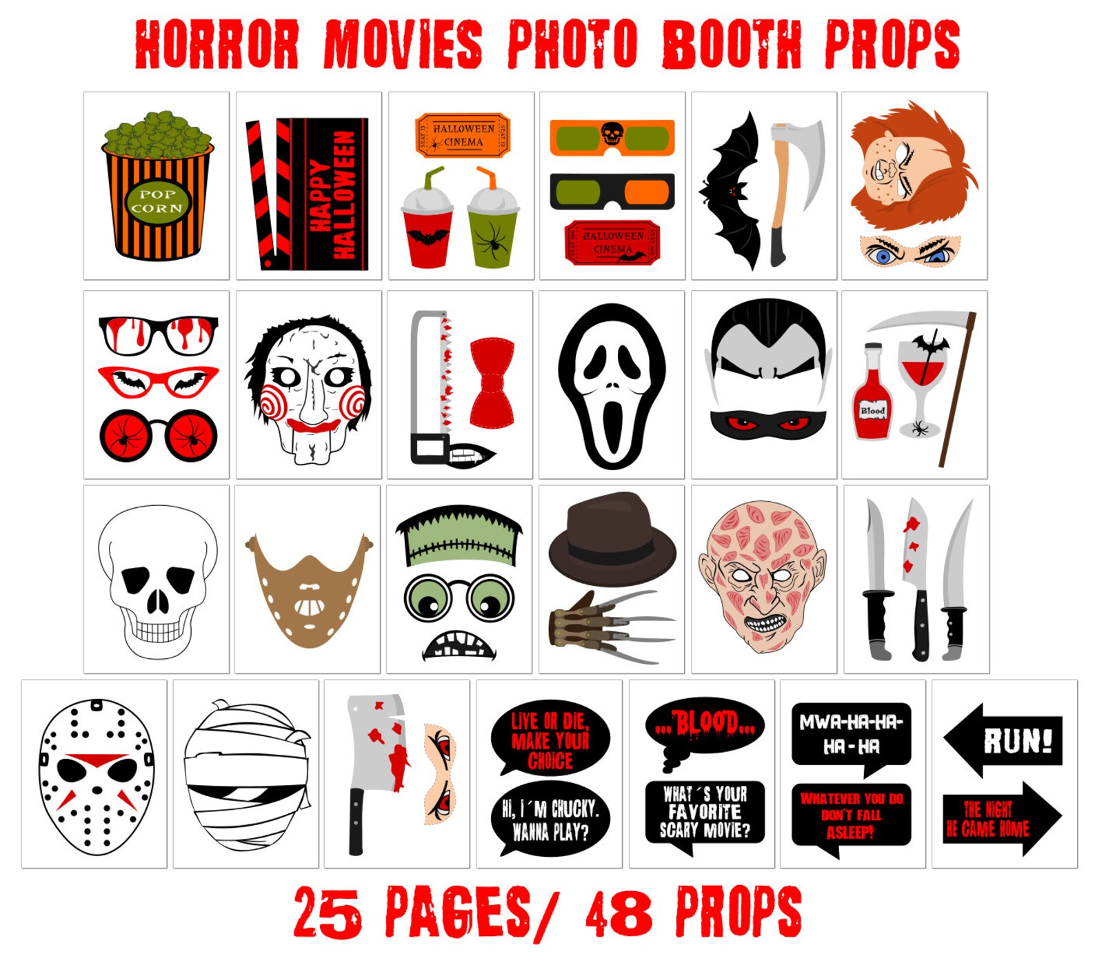 PRINTABLE Horror Movies Photo Booth PropsHalloween Photo Booth Sign ...