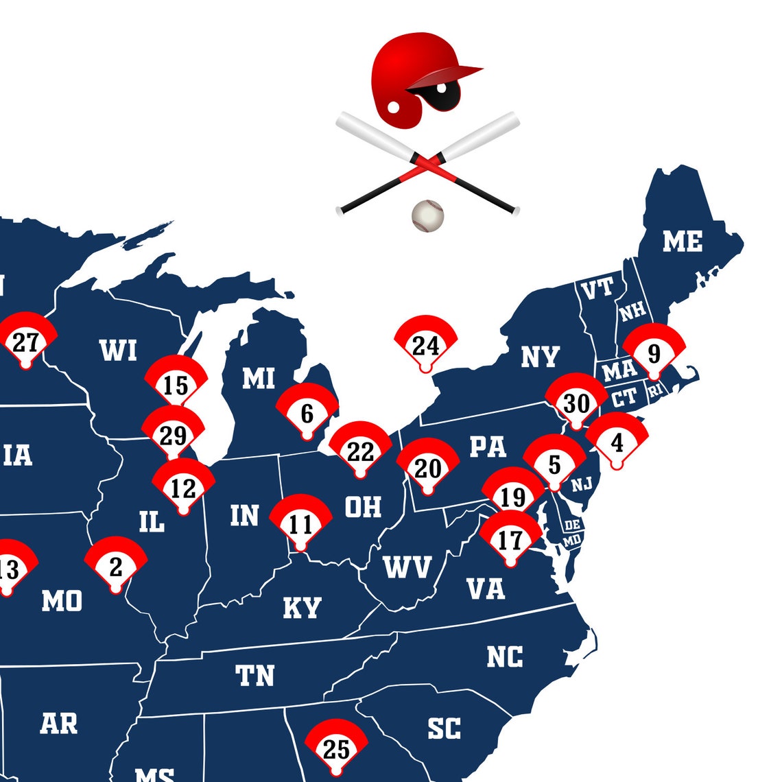 PRINTABLE MLB Ballparks Map-baseball Stadiums Map-major League - Etsy