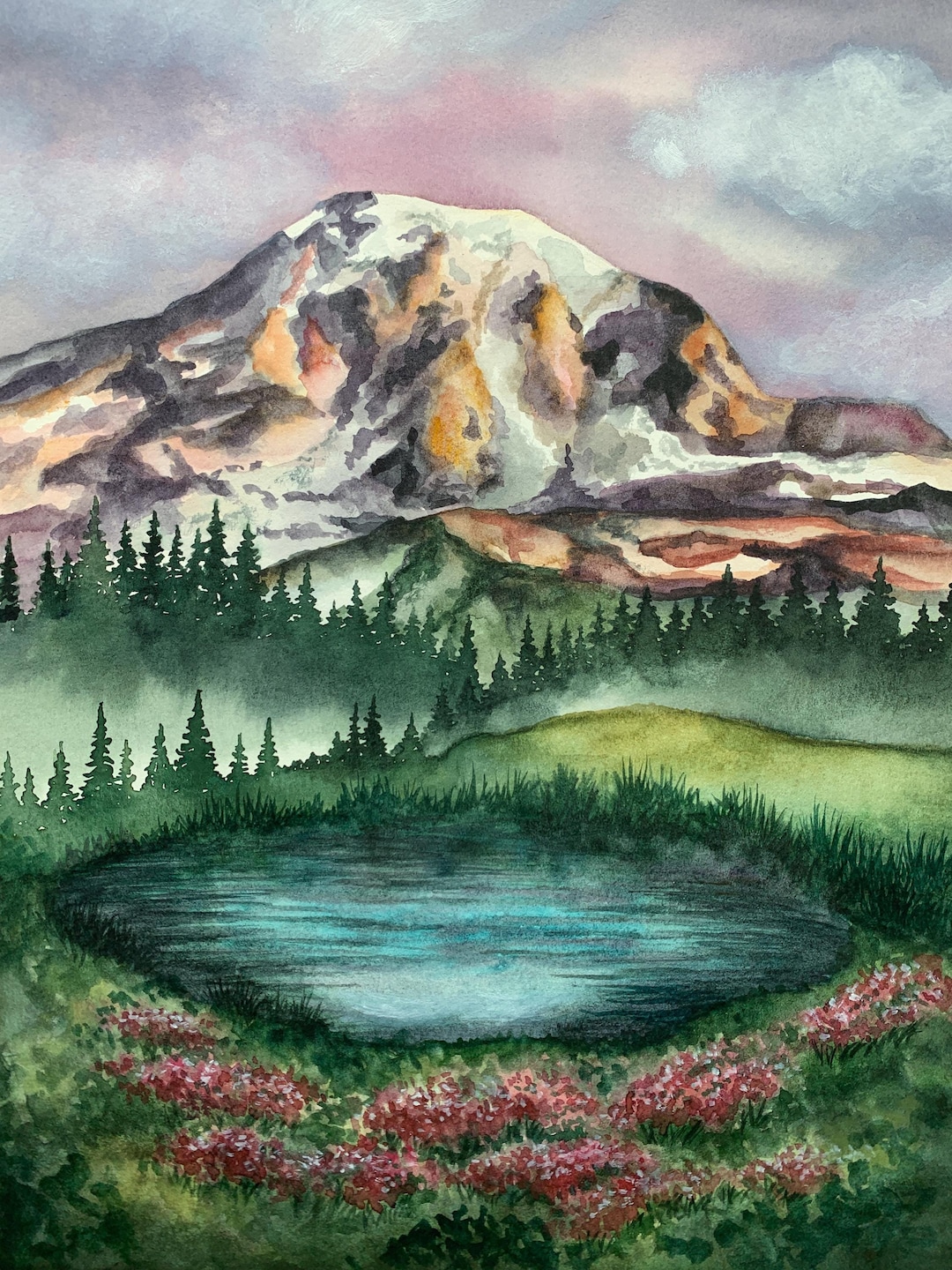Mount Rainier Original Painting | Watercolor Landscape | Golden Hour ...