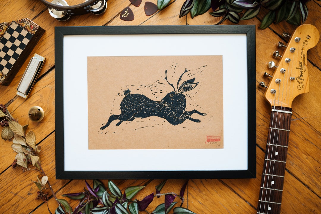 Run Little Jackalope // A4 Linocut Signed and Numbered by Hand - Etsy