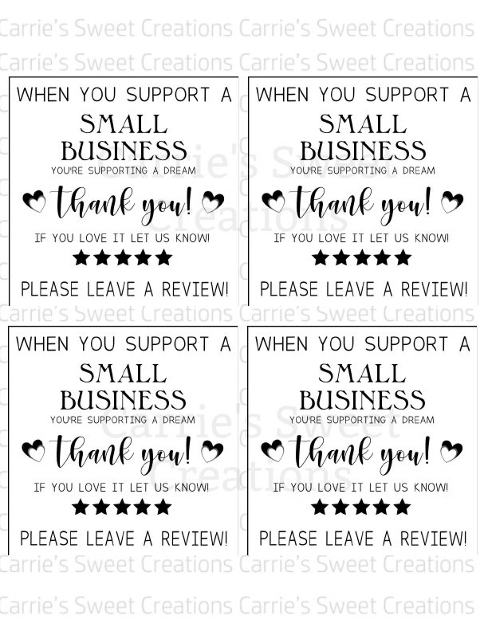 Small Business Review Card Printable- Thank You for Supporting Small ...
