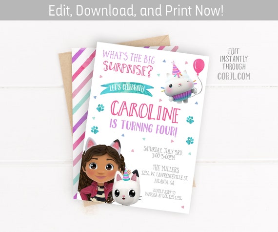 gabbys-dollhouse-birthday-invitation-cakey-cat-watercolor-etsy
