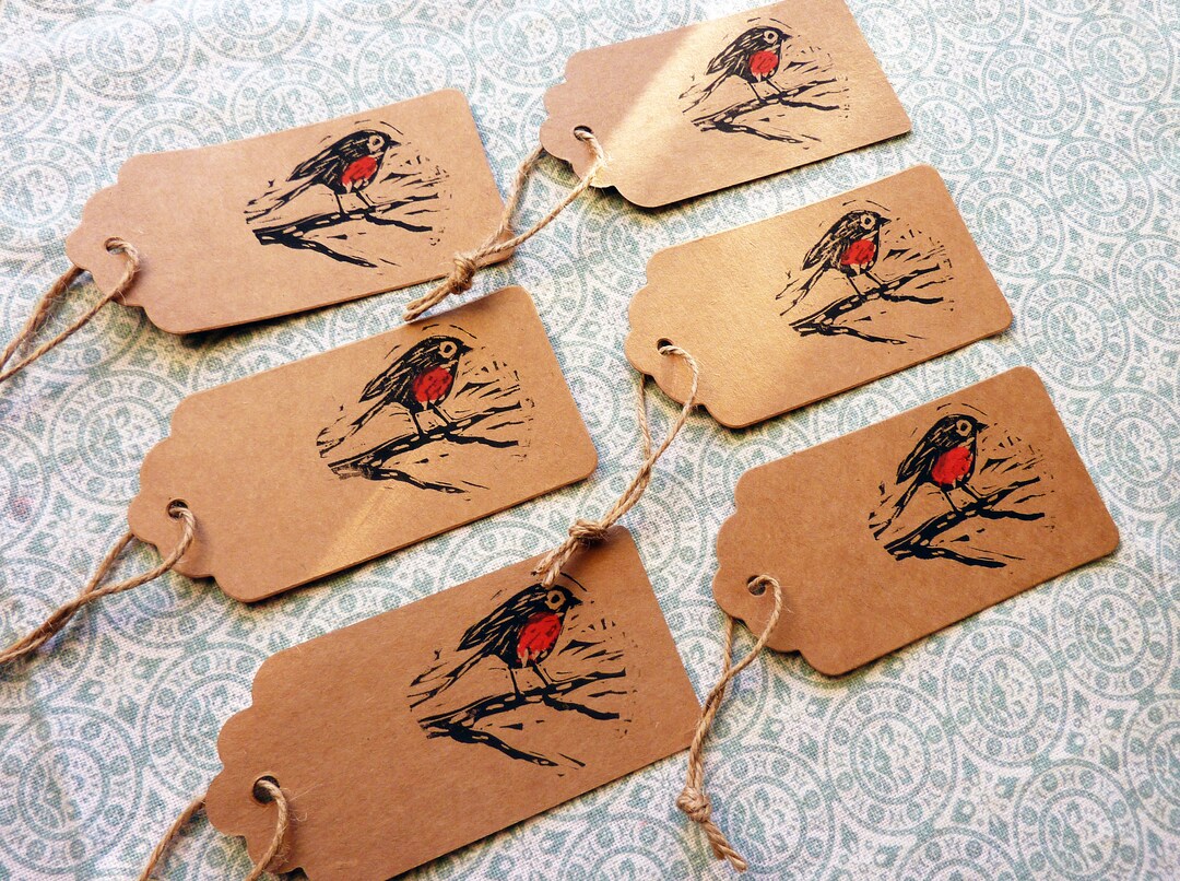CHRISTMAS ROBIN LINOPRINT Gift Tags x6 Handmade Christmas Gift Tags ...