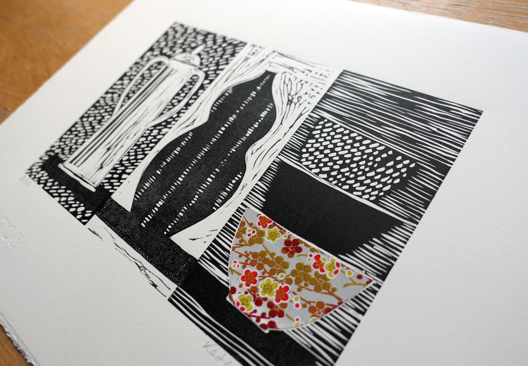 Bowl and Vase Linoprint - Linocut Artist - Kitchen Art Linoprint ...