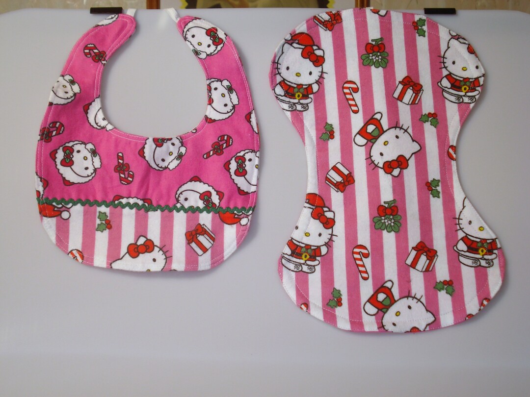 Kitty Themed Christmas Bib With Ties and Burp Cloth With Hang Loop Set ...